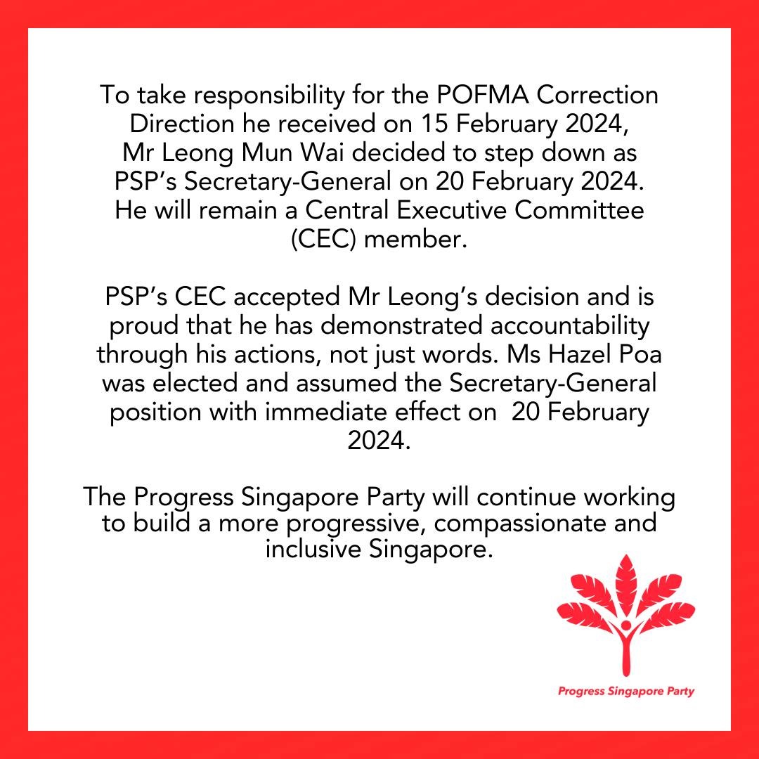 Leong Mun Wai Steps Down as PSP Secretary-General Over POFMA Order ...